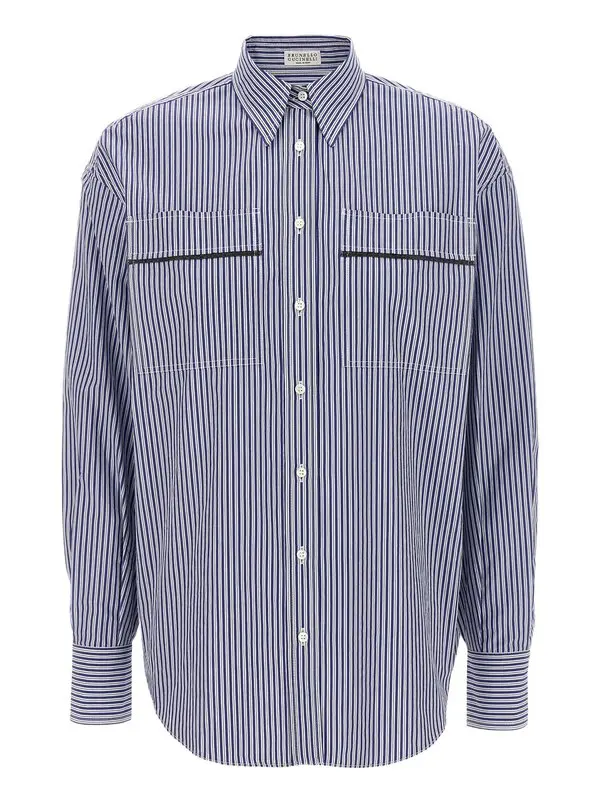 Brunello Cucinelli Striped Shirt With Monile Detail - Gray