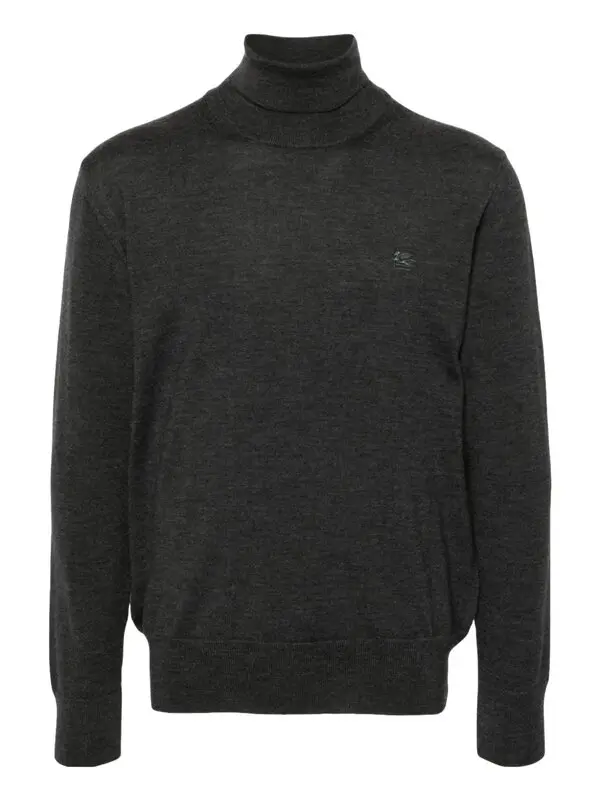 Etro Knitted Turtleneck Jumper With Pegaso Embroidery - Dark Gray