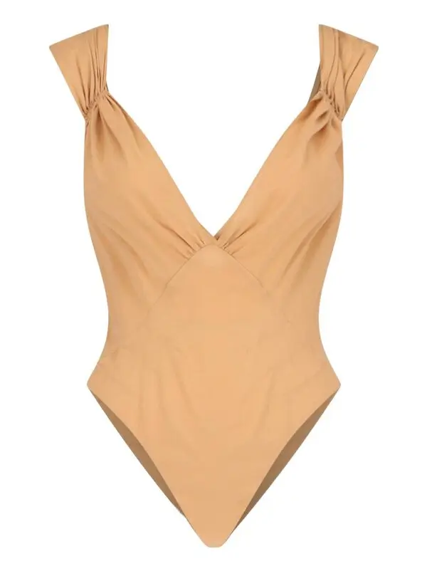 Saint Laurent Sleeveless Bodysuit With Deep V-neck And Cross-back Straps - Light Brown