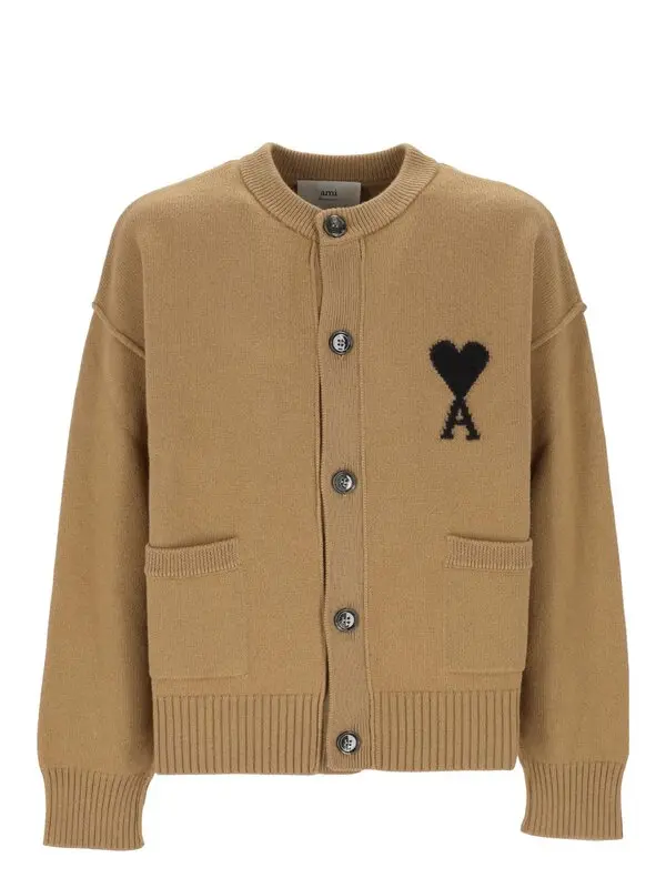 Ami Heart Logo Buttoned Cardigan - Brown