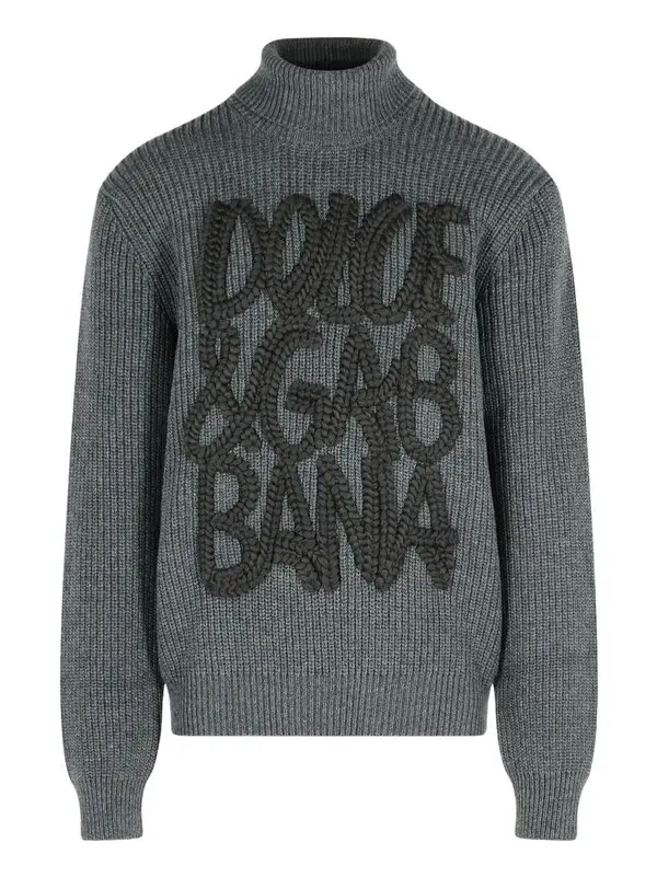 Dolce & Gabbana Ribbed Turtleneck Sweater With Logo Detail - Grey