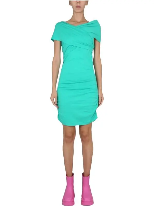 MSGM Off-shoulder Mini Dress With Logo Detail - Green