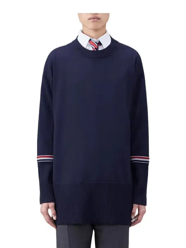 Thom Browne Crewneck Knitted Jumper With Button Detail And Satin Accents - Navy Blue