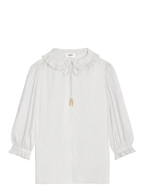 Celine Striped Silk Blouse With Frilled Claudine Collar - Chalk White/blue