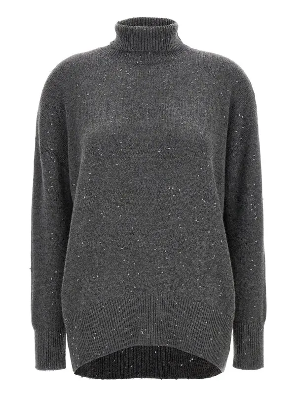 Brunello Cucinelli Embellished Sequin Knit Turtleneck Jumper - Black