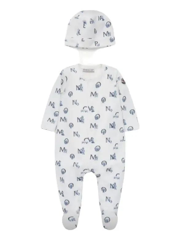 Moncler All-over Patterned Crewneck Rompers And Beanie Set - White/blue