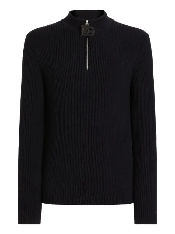 Dolce & Gabbana Ribbed Zip-up Sweater With Logo Detail - Black