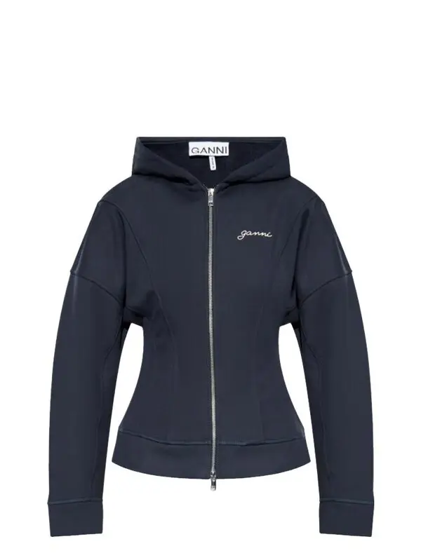 GANNI Logo Embroidered Zip Hoodie - Navy Blue
