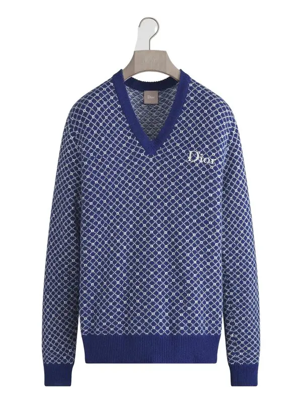 Dior Jacquard V-neck Knitted Jumper - Blue