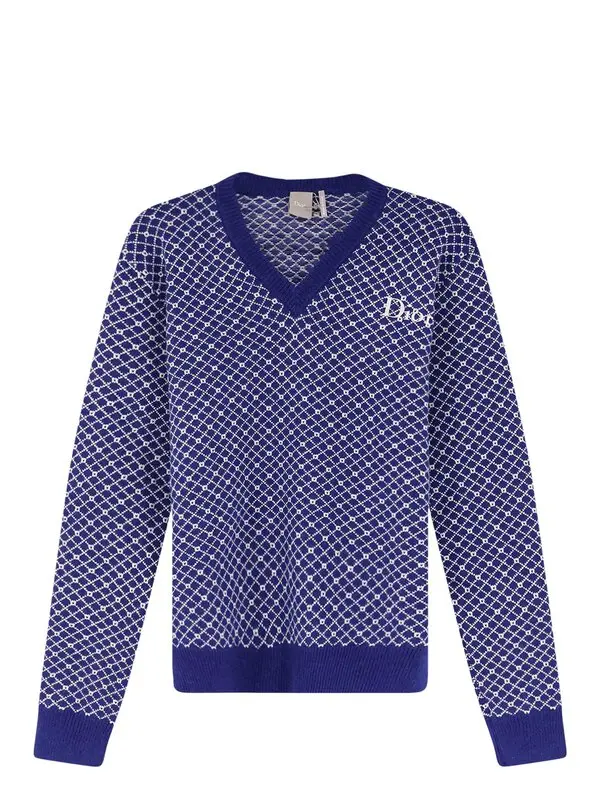 Dior Jacquard V-neck Knitted Jumper - Blue