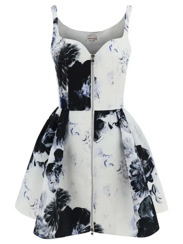 Alexander McQueen Sweetheart Neckline Ruffled Mini Dress With Floral Print - White