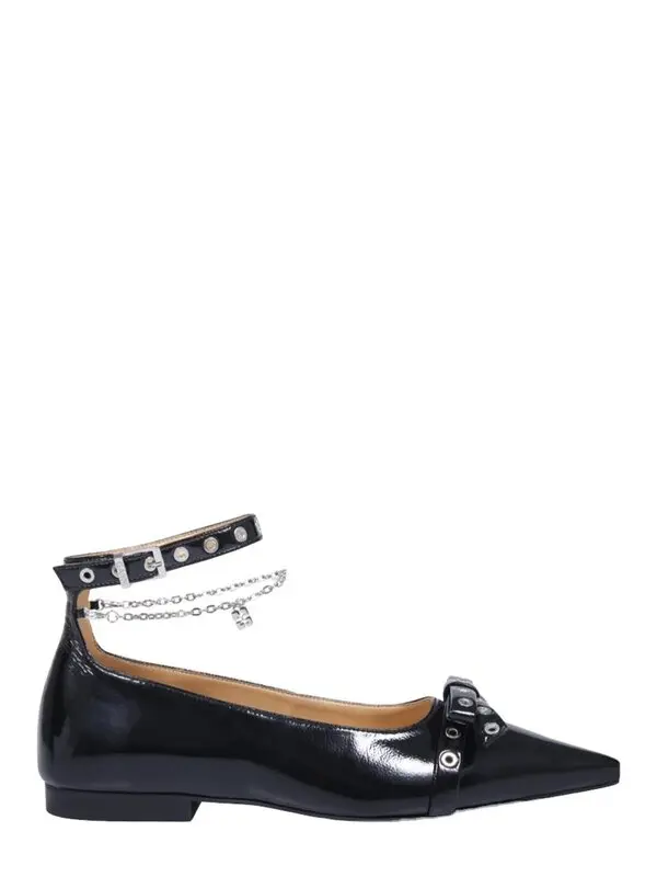 GANNI Bow-detailed Pointed Toe Ballet Flats With Chain Ankle Strap - Black