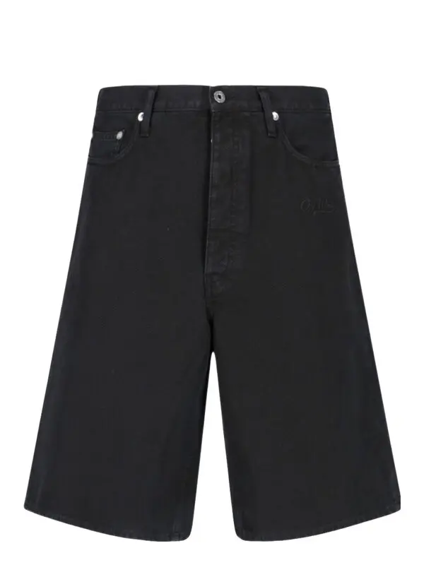 Off-White Logo Embroidered Wide Leg Denim Shorts - Black