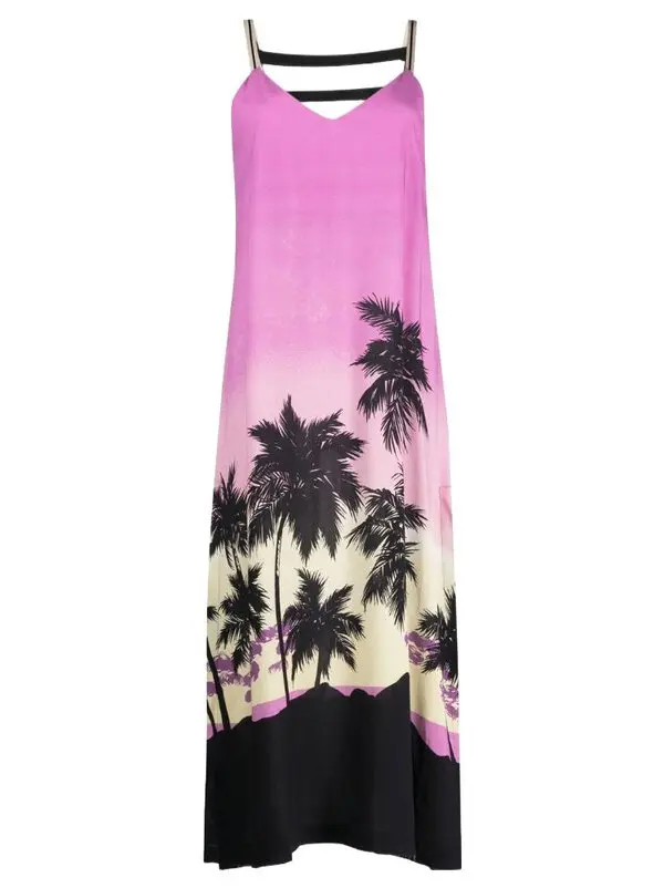 Palm Angels Sleeveless V-neck Maxi Dress With Sunset Palm Tree Print - Black