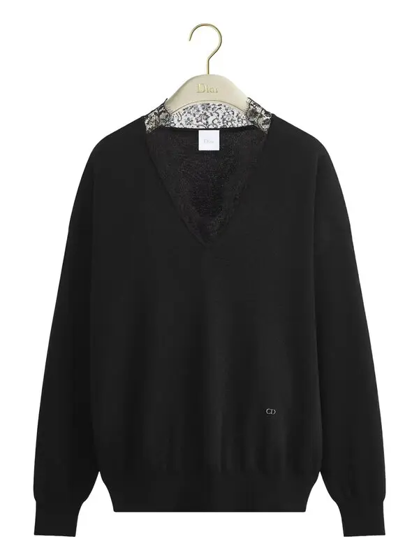 Dior V-neck Lace Trim Sweater - Black