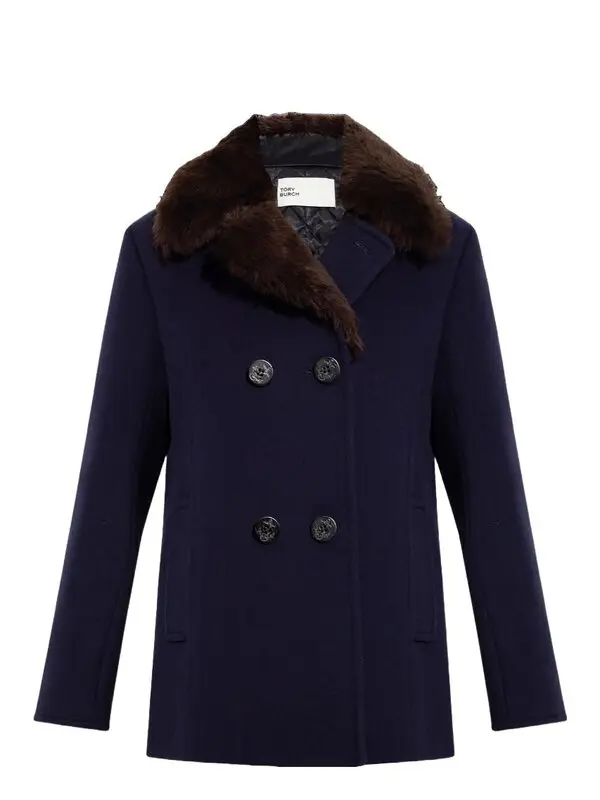 Tory Burch Notched Lapel Shearling Jacket - Blue