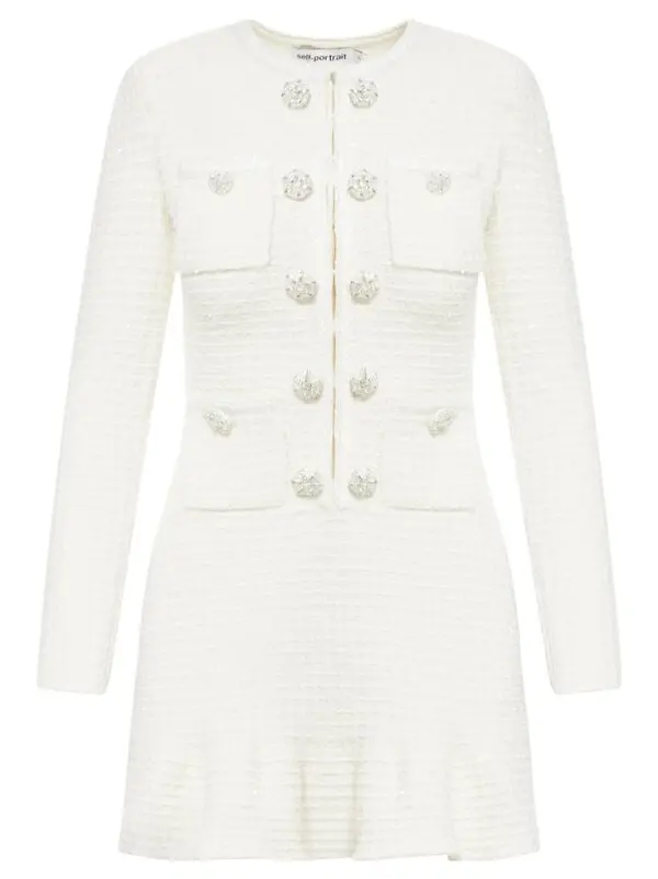 SELF-PORTRAIT Buttoned Knit Mini Dress - White