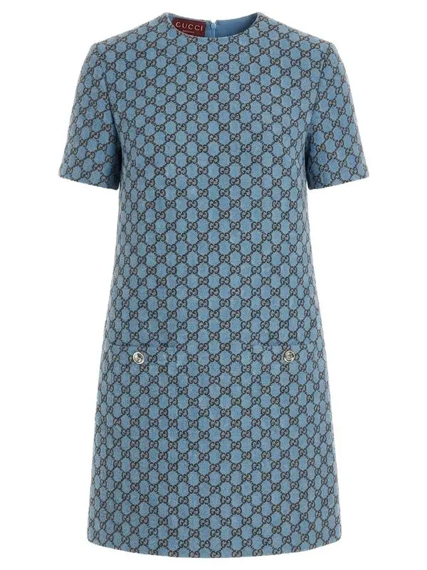 Gucci Embroidered Tweed Zip-up Dress - Blue And Black