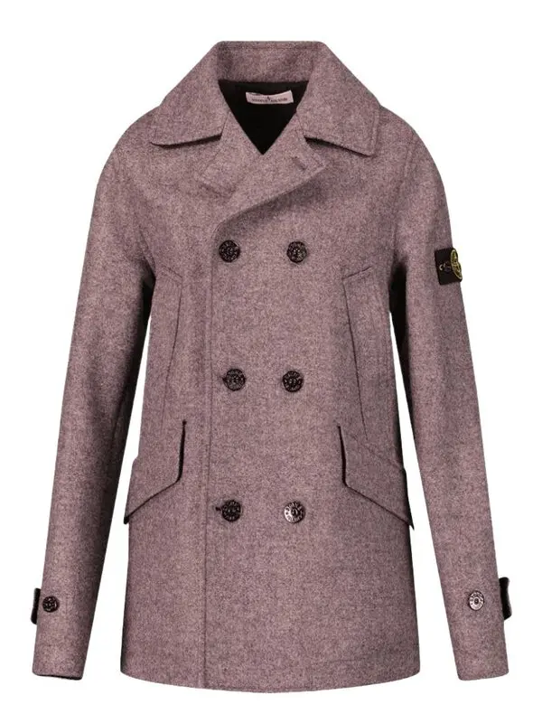 Stone Island Double-breasted Virgin Wool Blend Coat With Logo Patch - Grey