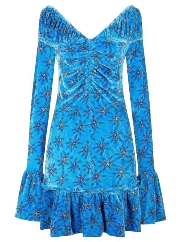 Rabanne Floral-print Velvet Mini Dress - Blue