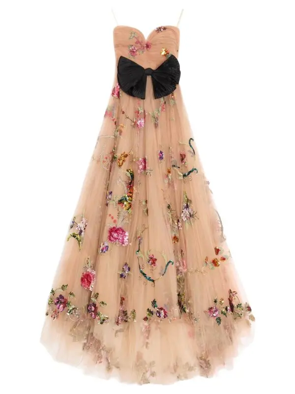 Valentino Garavani Long Sleeve Floral Embellished Dress - Sand
