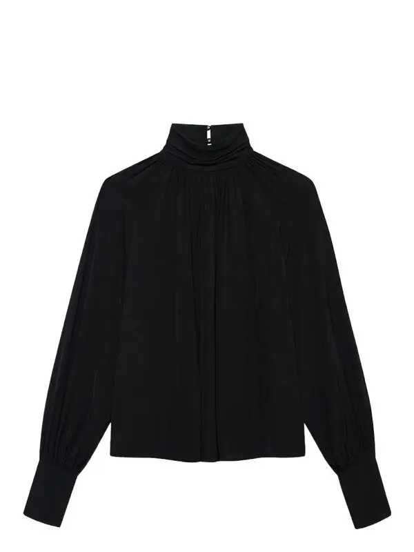 ANINE BING High Neck Pleated Long Sleeve Blouse - Black