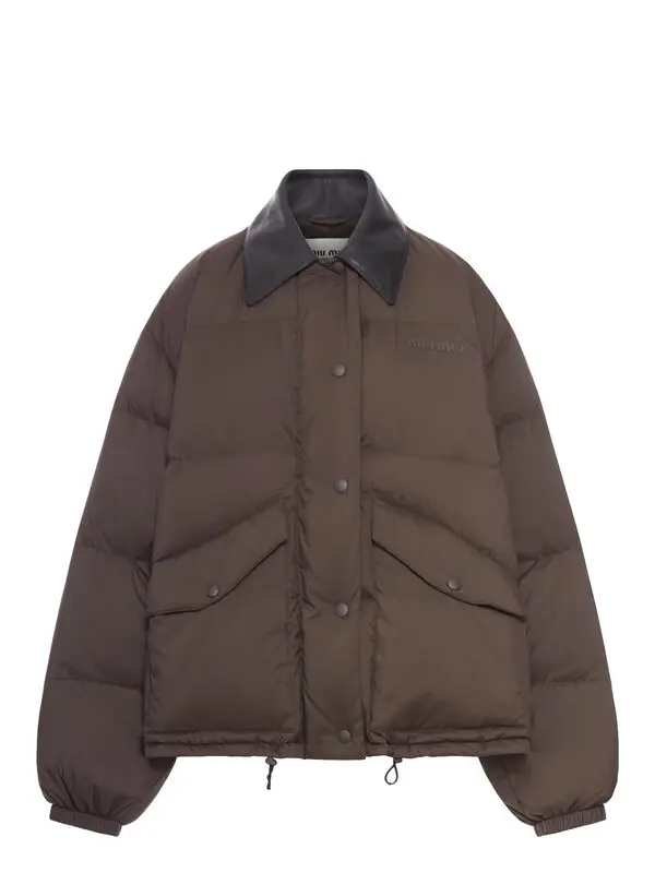Miu Miu Quilted Down Jacket With Leather Collar - Brown