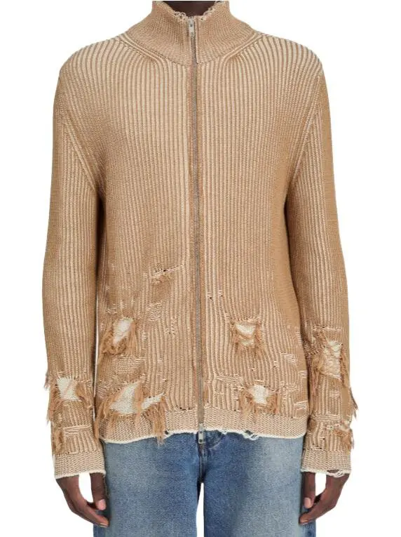 MAISON MARGIELA Ribbed Knit Distressed Cardigan - Camel