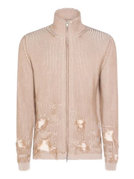 MAISON MARGIELA Ribbed Knit Distressed Cardigan - Camel