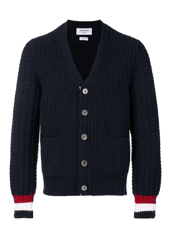 Thom Browne V-neck Knitted Cardigan With Striped Details - Navy Blue