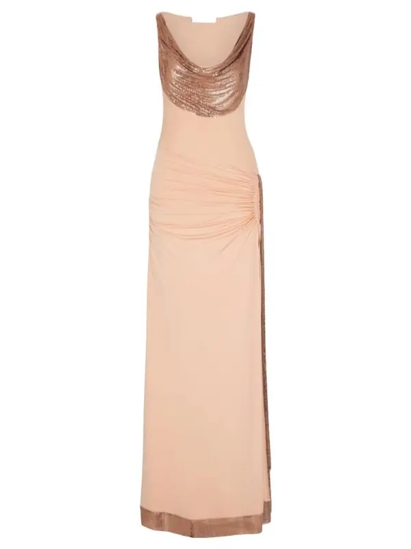 Rabanne Sleeveless Draped Cowl Neck Maxi Dress - Nude