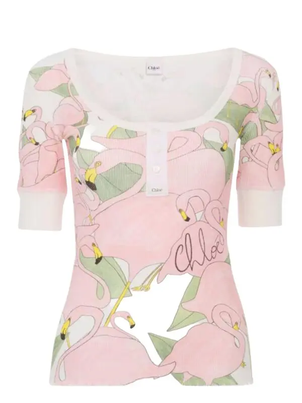 Chloé Flamingo Print Henley Shirt - Pink