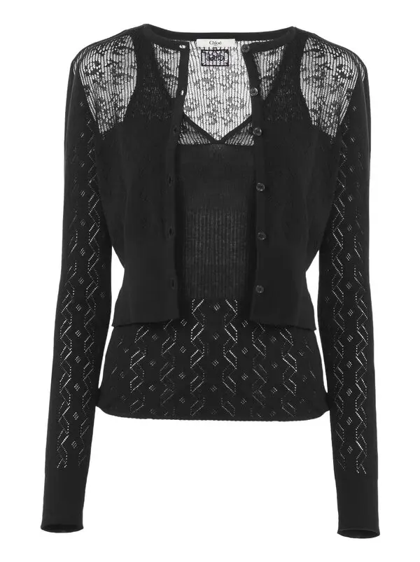 Chloé Lace Trimmed Cardigan And Ribbed Knit Top Set - Black