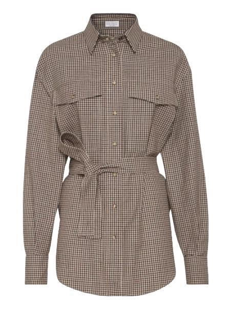 Brunello Cucinelli Long Sleeve Check Shirt With Tie Detail - Gray