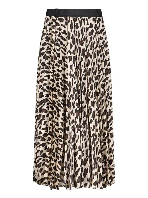 Sacai Leopard Print Pleated Midi Skirt - Beige