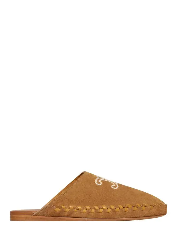Celine Marlou Triomphe Mule In Suede Calfskin - Brown