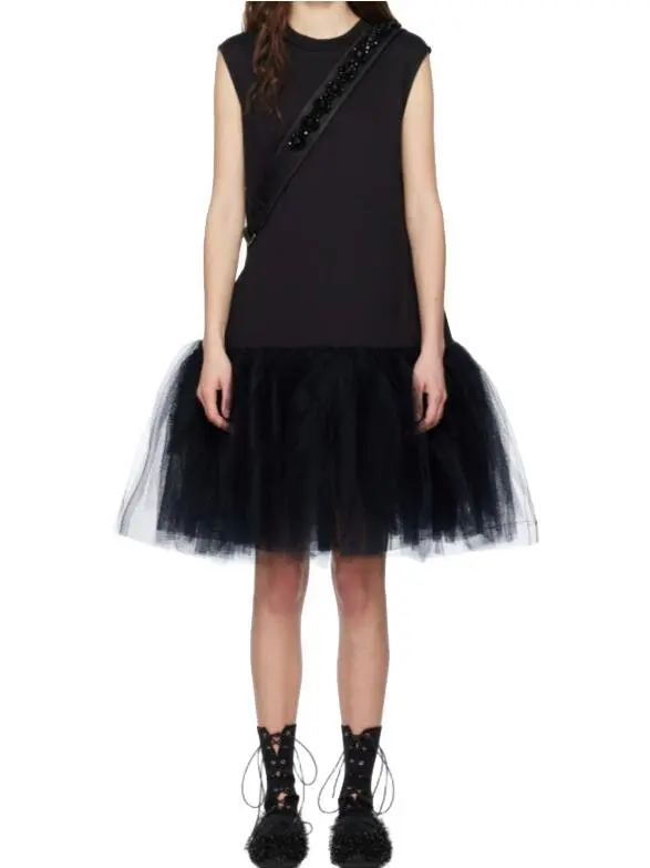 Simone Rocha Cotton Jersey Dress With Tulle Hem - Black