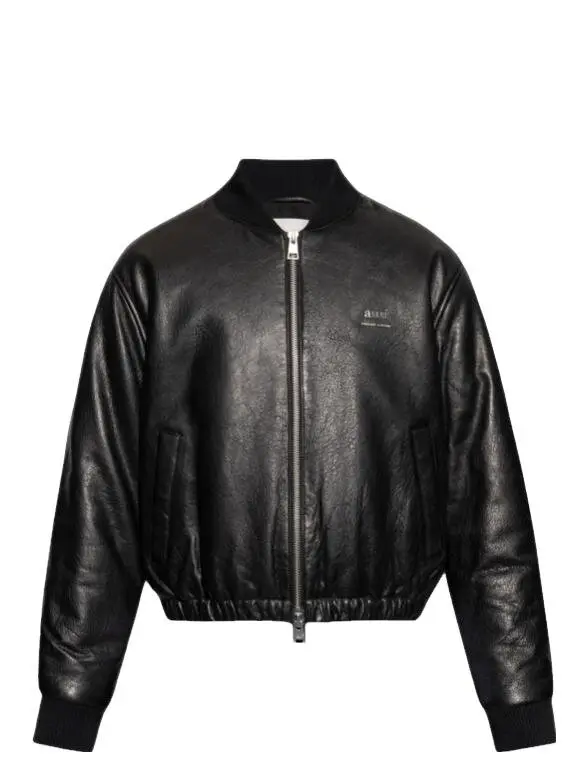 Ami Logo-plaque Leather Bomber Jacket - Black