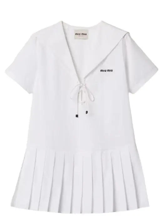 Miu Miu Short-sleeved Sailor Collar Dress With Pleated Skirt - White