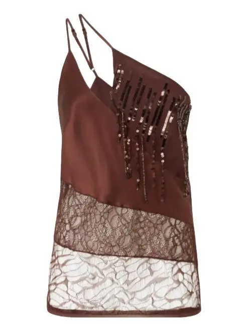 Pinko One-shoulder Sequin Embellished Lace Top - Earth Brown