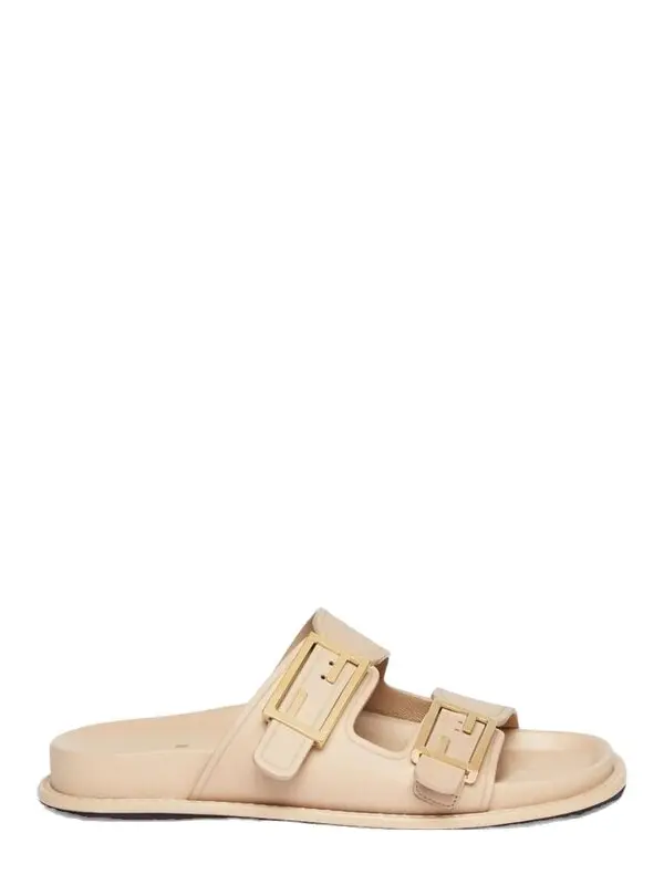 Fendi Beige Leather Ff Baguette Buckle Slides - Light Brown