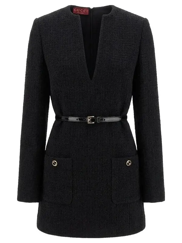Gucci Damier Bouclé Wool V-neck Dress - Black