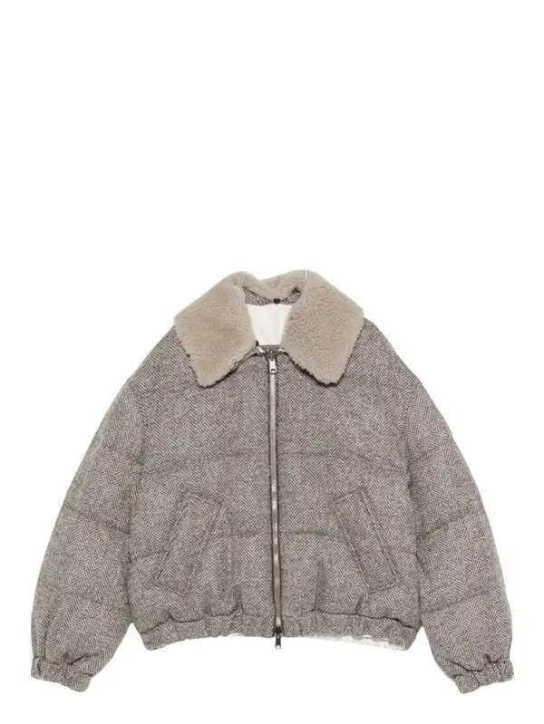 Brunello Cucinelli Quilted Herringbone Zip-up Jacket With Shearling Collar - Gray