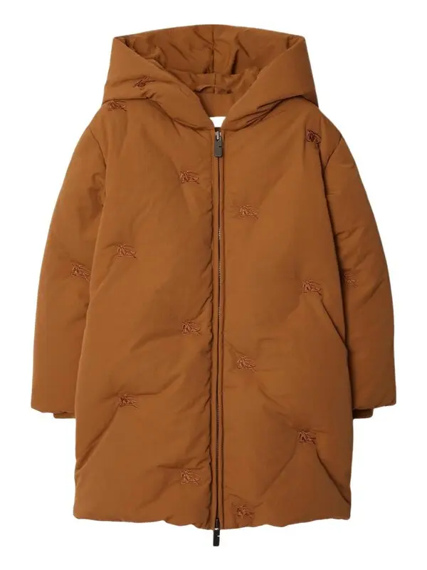 Burberry Long Sleeve Hooded Down Jacket With Equestrian Rider Logo Embroidery - Russet