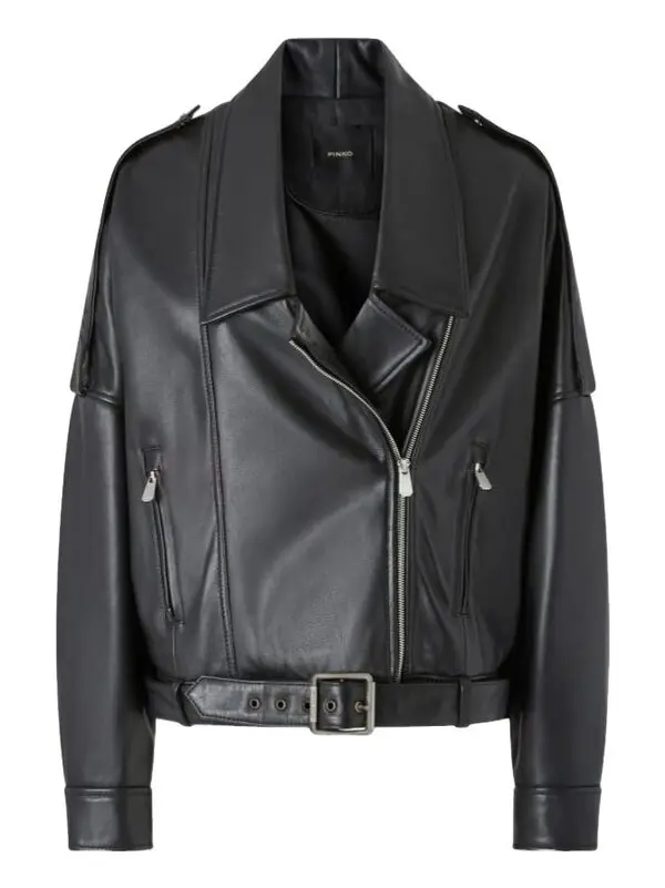 Pinko Belted Biker Jacket With Asymmetrical Zip Closure - Black
