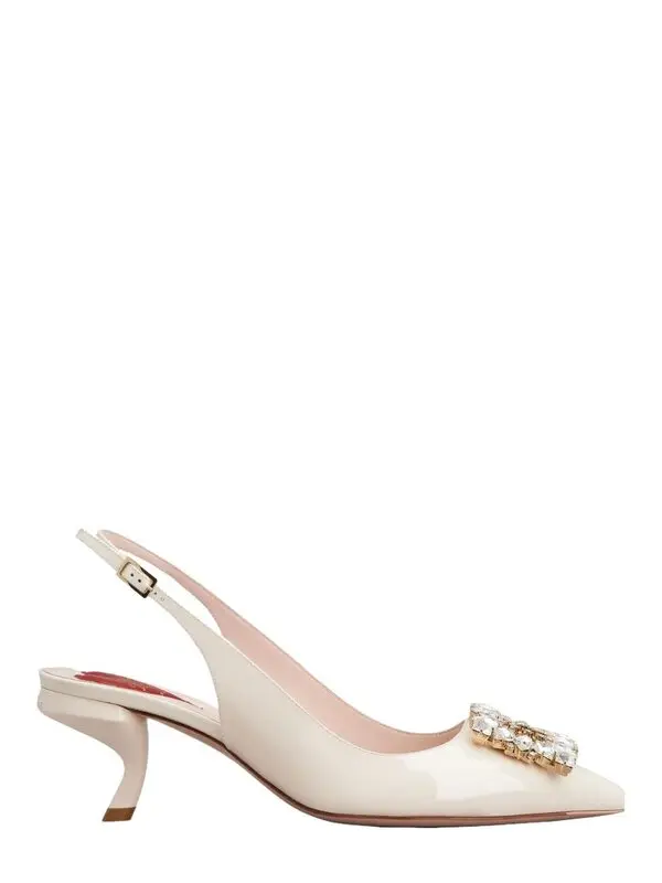 ROGER VIVIER Virgule Strass Buckle Slingback Pumps In Patent Leather - Cream