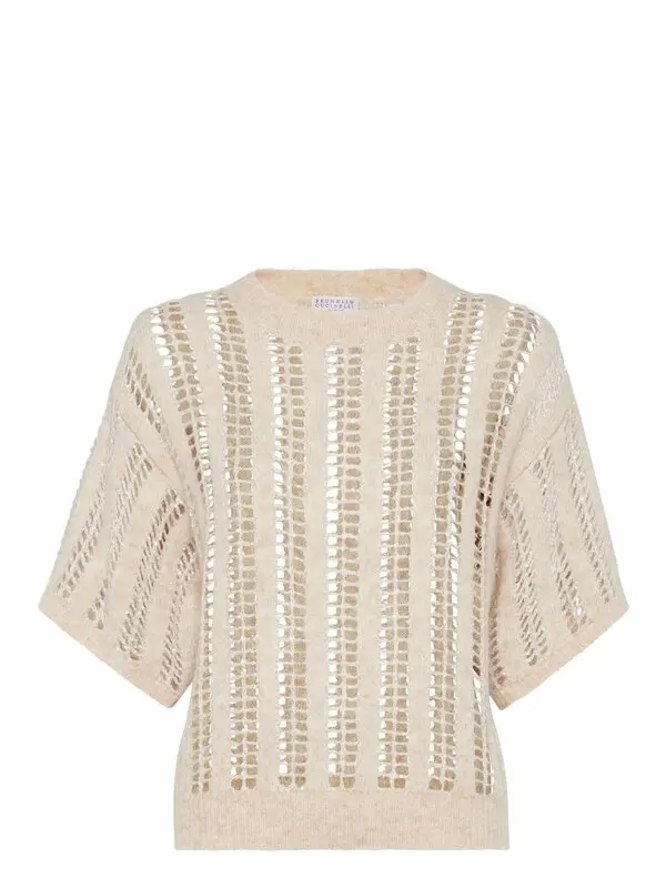 Brunello Cucinelli Crewneck Short Sleeve Mesh Knit Jumper - Beige