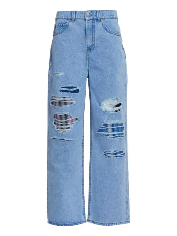 Marni Wide-leg Distressed Light Wash Denim Trousers With Mohair Detailing - Blue