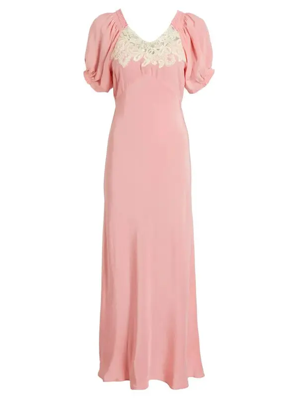 Rixo Short Sleeve Sweetheart Neck Lace Trim Dress - Pink