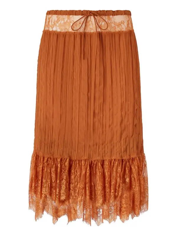 Pinko Drawstring Pleated Midi Skirt With Lace Trim - Brown